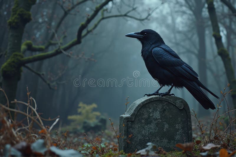 Majestic Raven Perched on Gravestone in Misty Forest Scene Stock Photo ...