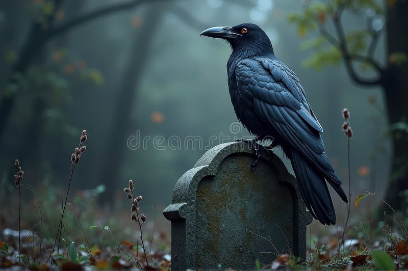 Majestic Raven Perched on Tombstone in Misty Forest Stock Photo - Image ...