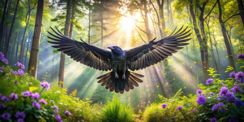 Majestic Raven Soaring through Sunlit Forest with Blooming Flowers ...