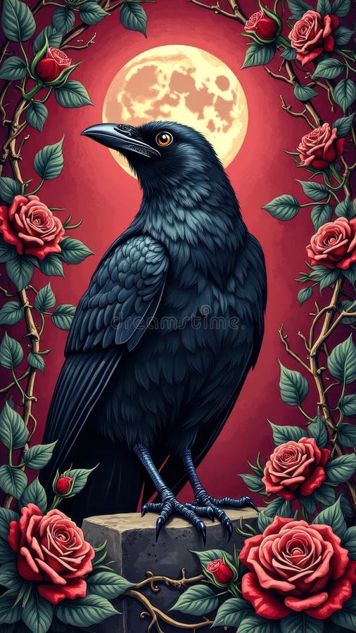 Majestic Raven Under Full Moon Amidst Red Roses and Thorny Vines Stock ...