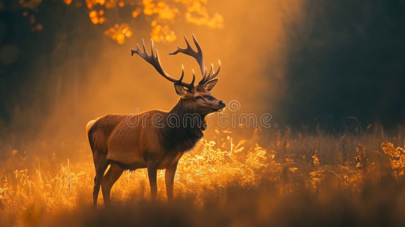Majestic Red Deer Stag in Golden Hour Forest Light Stock Illustration ...