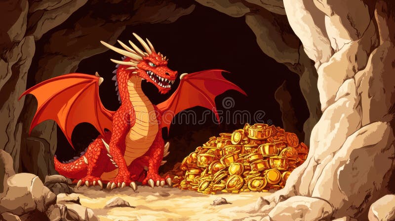 Majestic Red Dragon Guarding Treasure in Cave Stock Image - Image of ...