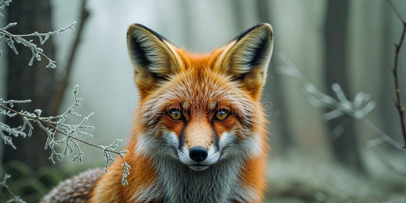A Majestic Red Fox Looks Directly at the Viewer through the Trees Stock ...