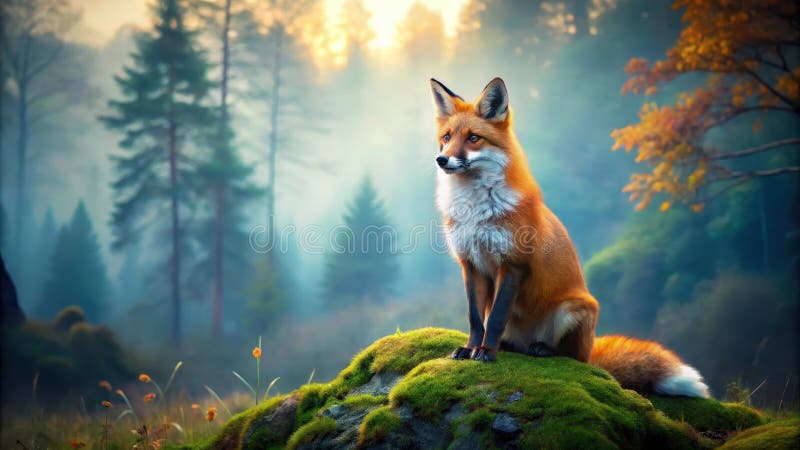 A Majestic Red Fox Perched on a Mossy Rock in a Misty Forest at Sunrise. Generative AI Stock ...