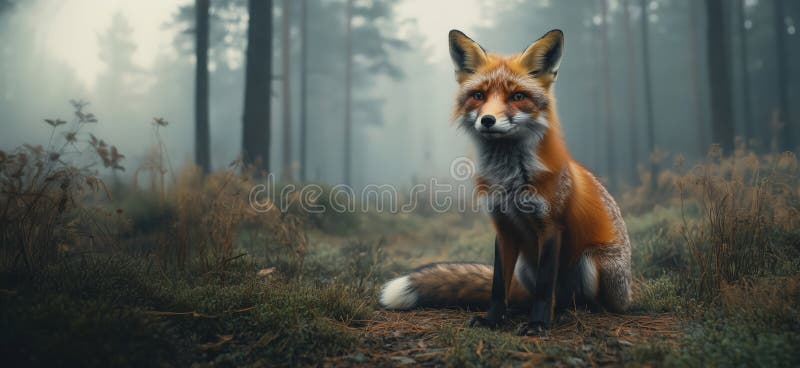 Majestic Red Fox Sitting in Misty Forest Surrounded by Tall Trees and ...