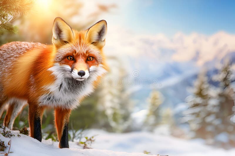Majestic Red Fox in Snowy Mountain Landscape Stock Illustration ...