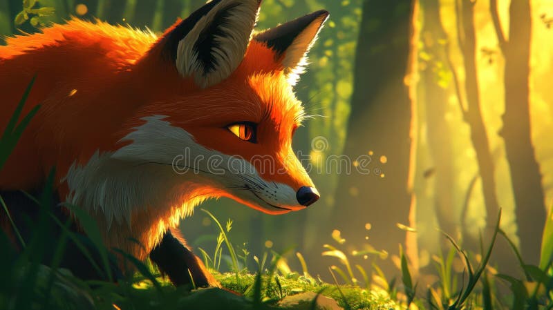 Majestic Red Fox in a Sunlit Forest, Vibrant Fur, Alert Expression ...