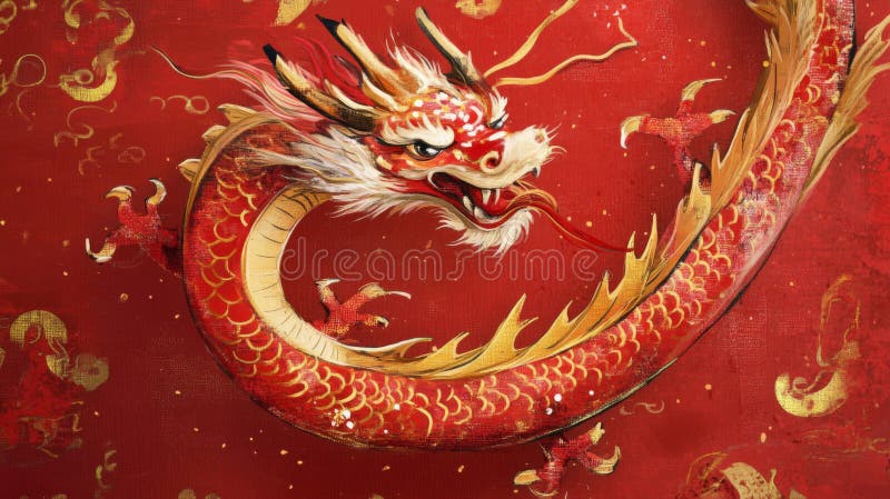 Majestic Red and Gold Dragon on Red Background Stock Illustration ...