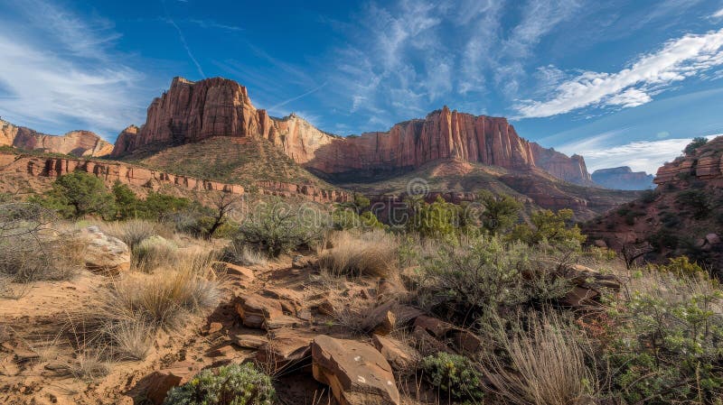 Majestic Red Rock Formations in a Desert Landscape Stock Illustration ...