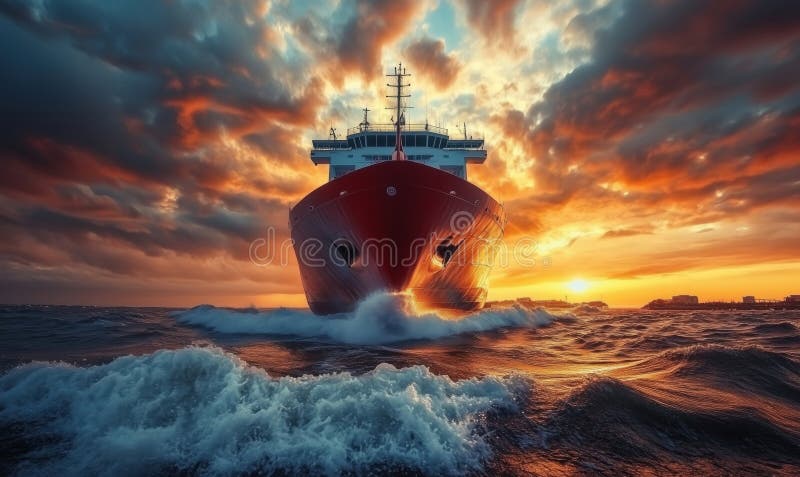 Majestic Red Ship Sailing through Turbulent Waters at Sunset with ...