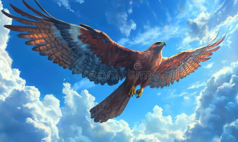 Majestic Red-tailed Hawk Soaring through a Bright Blue Sky with Fluffy ...
