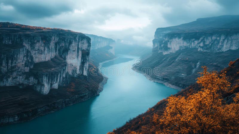 Majestic River Carving through Imposing Canyon Cliffs Stock ...