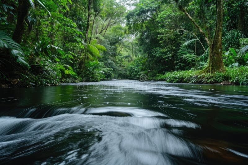 Majestic River Flowing through a Verdant Forest, a Rippling Flow of a ...