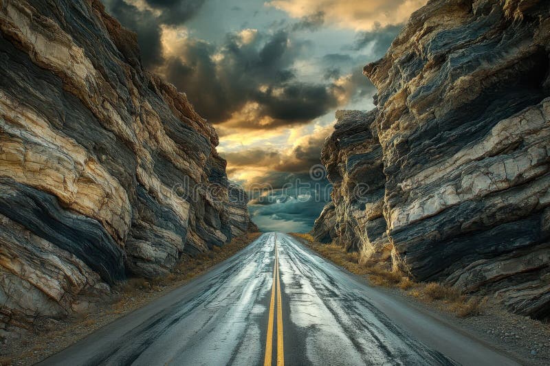 Majestic Road through Rocky Cliffs Under a Dramatic Sky at Sunset Stock ...