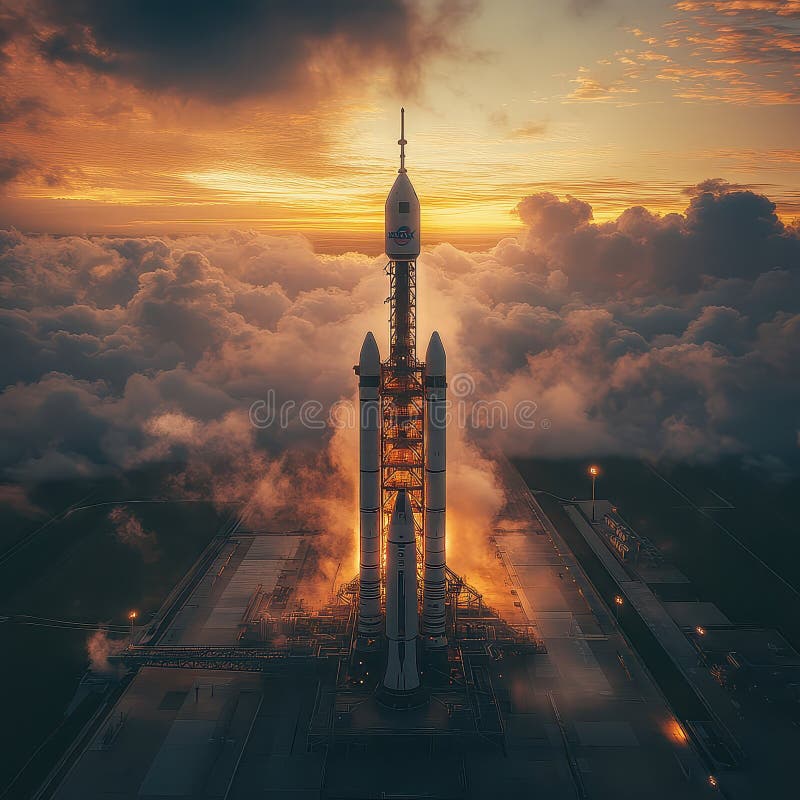 Majestic Rocket Launch at Sunrise Surrounded by Dramatic Clouds Stock ...