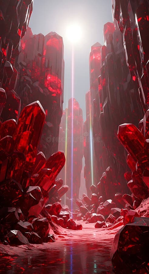 Majestic Ruby Crystal Formation with Light Beams Radiating from Above ...
