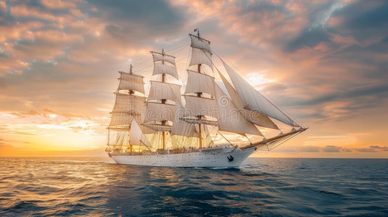 Majestic Sailing Ship with Billowing Sails Gliding through Vibrant ...