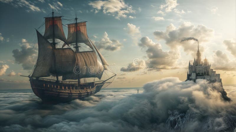 A Majestic Sailing Ship Floats Above the Clouds, Approaching a Towering ...