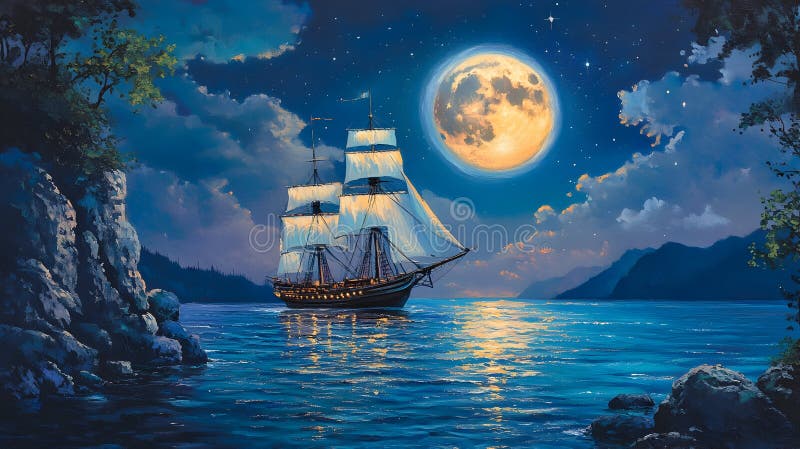 Majestic Sailing Ship on Moonlit Ocean with Glowing Night Sky Stock ...