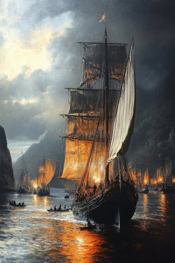 Majestic Sailing Ship Navigating through a Dramatic Sunset, Surrounded ...