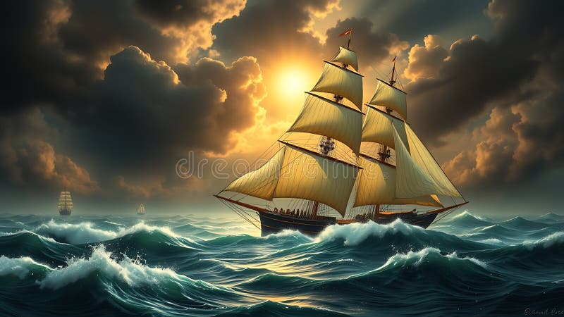 Majestic Sailing Ship Navigating Rough Seas Under a Dramatic Sunset Sky Stock Illustration ...