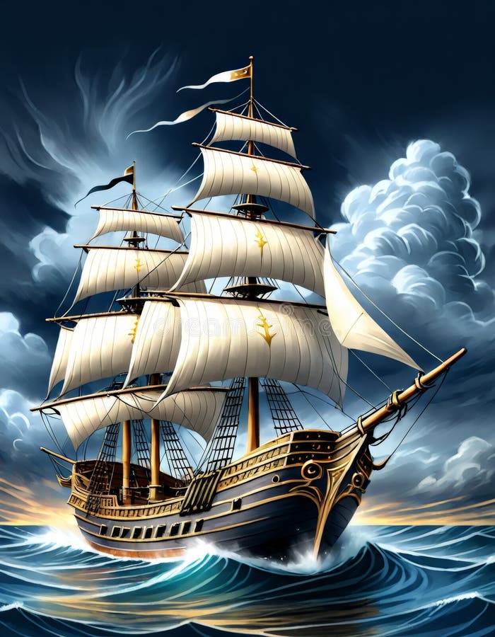 Majestic Sailing Ship Navigating Stormy Seas at Night Stock Image ...