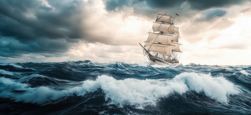 Majestic Sailing Ship Navigating Turbulent Ocean Waves Under Dramatic ...