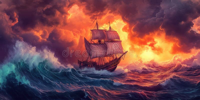Majestic Sailing Ship Navigating Turbulent Seas Under Dramatic Sunset ...