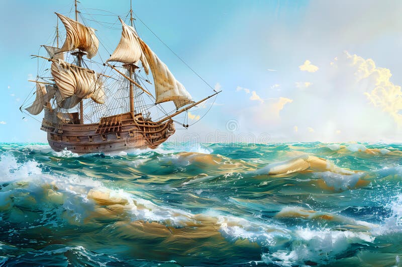 A Majestic Sailing Ship Navigating through Vibrant Ocean Waves Under a ...