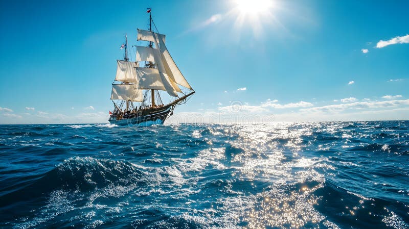 Majestic Sailing Ship on Sparkling Blue Ocean Under Bright Sunlight ...