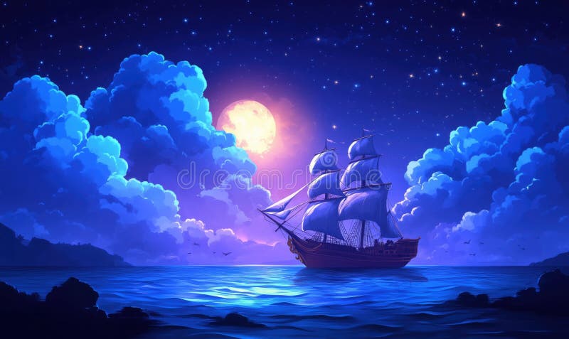 Majestic Sailing Ship Under Starry Night Sky with Full Moon and Vibrant ...