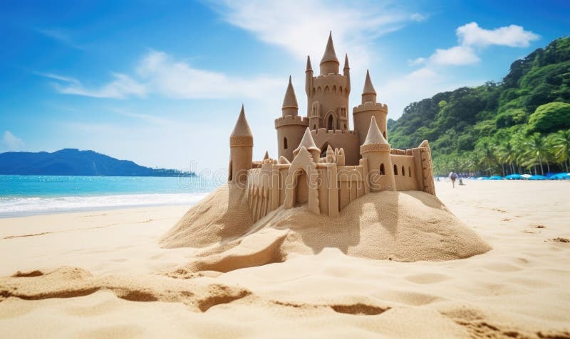 A Majestic Sand Castle on a Serene Sandy Beach Stock Illustration ...