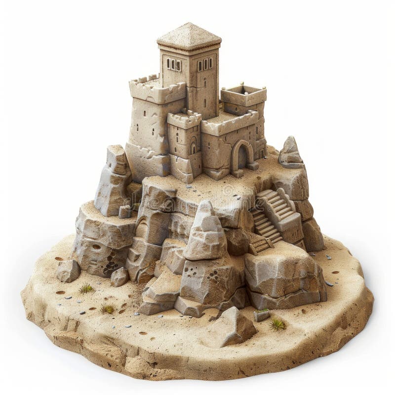Majestic Sandcastle on Rocky Base Isolated on White Background Stock ...