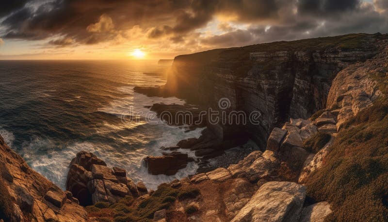 Majestic Sandstone Cliff at Dusk by Water Generated by AI Stock ...
