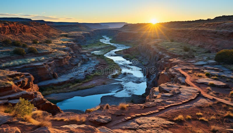 Majestic Sandstone Cliff, Water Flowing, Sunset Beauty Generated by AI ...
