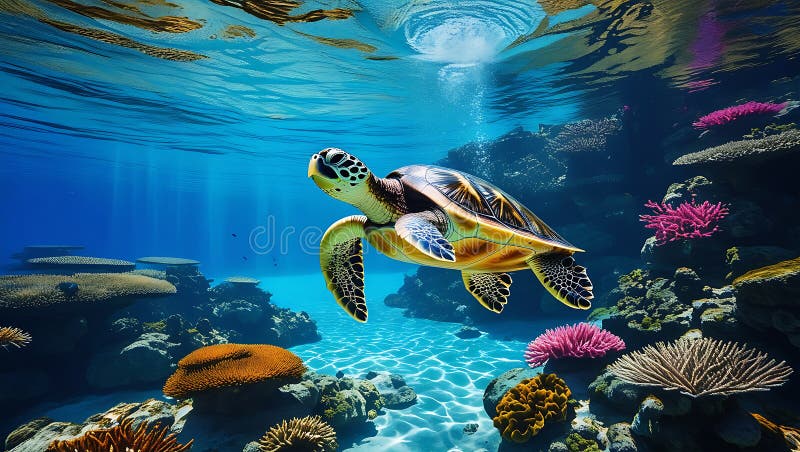 Majestic Sea Turtle Exploring Vibrant Coral Reef Stock Illustration ...