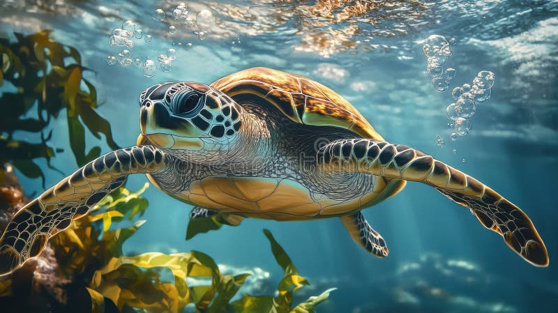 Majestic Sea Turtle Gliding through Underwater Seaweed and Bubbles ...