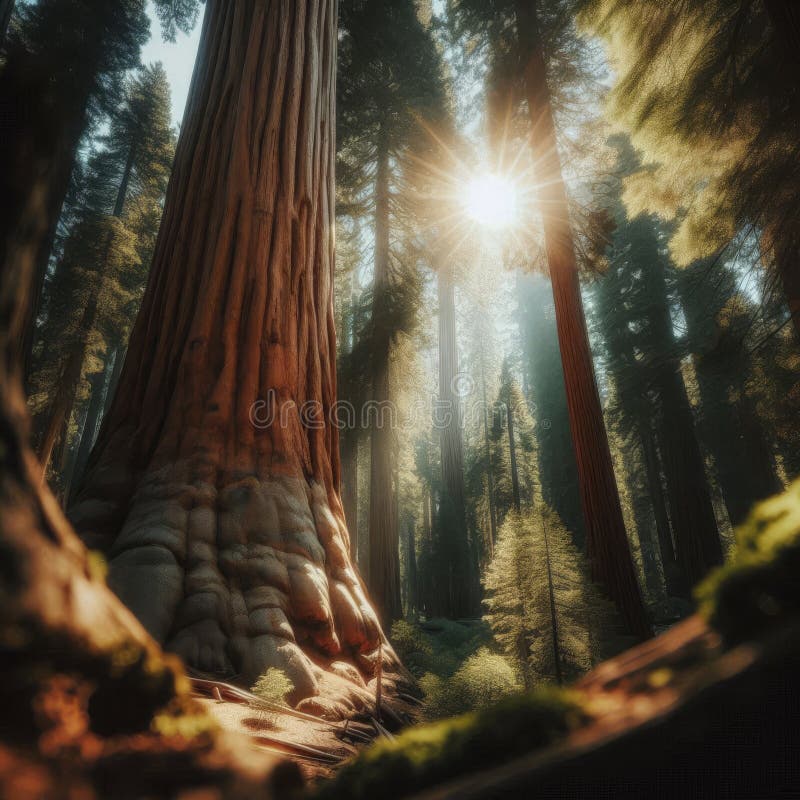 Majestic Sequoia Tree with Sunlight Streaming through the Forest Canopy ...