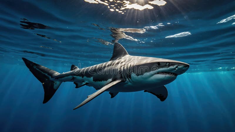 A Majestic Shark Swimming Beneath the Ocean Surface, Illuminated by ...