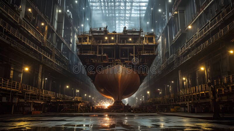 Majestic Ship Construction in Industrial Shipyard with Sparkling ...