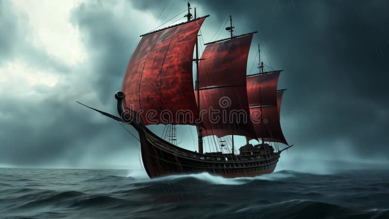 Historic Ship with Red Sails Navigates Stormy Waters during Twilight ...