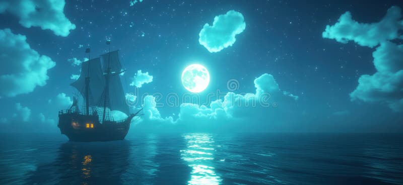 Majestic Ship Sailing Under a Bright Moonlit Sky with Stars and Clouds ...