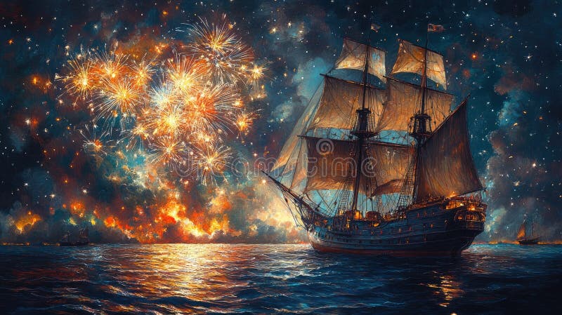 Majestic Ship Sailing Under Fireworks at Night on the Ocean Stock ...