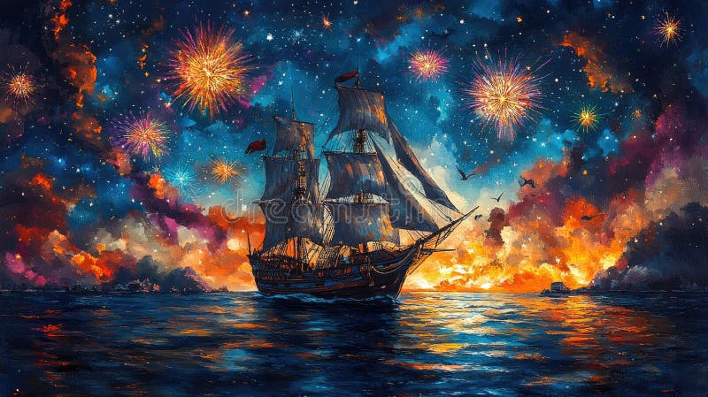 Majestic Ship Sailing Under Fireworks at Night on the Ocean Stock ...