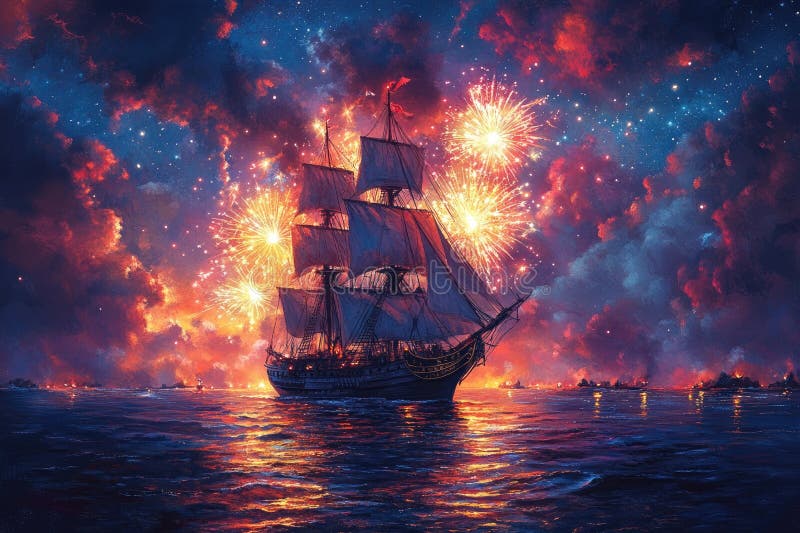 Majestic Ship Sailing Under Fireworks at Night on the Ocean Stock ...