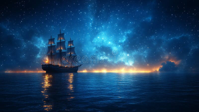 Majestic Ship Sailing Under Starry Night Sky in Ocean Scene Stock ...