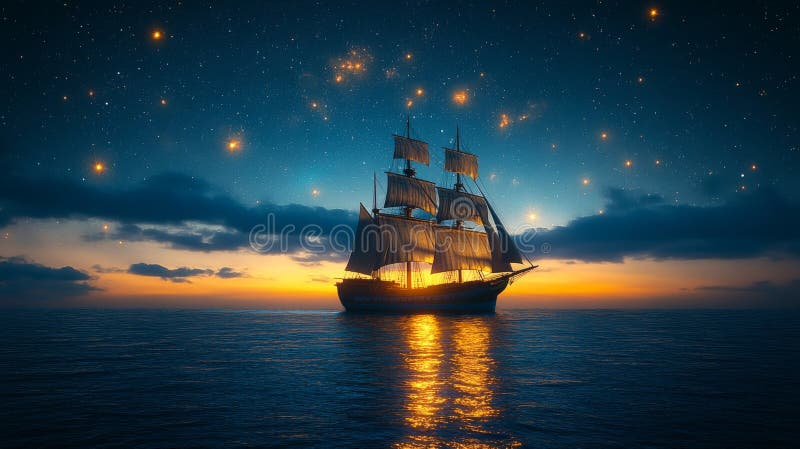 Majestic Ship Sailing Under Starry Night Sky on a Tranquil Ocean ...