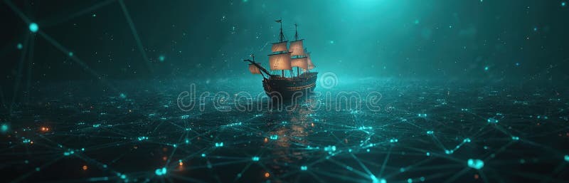 Majestic Ship Sails Digital Ocean Interconnected Networks. Concept of ...