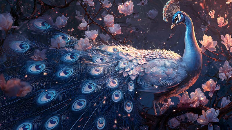 A Majestic Silver Peacock Spreading Its Tail among Blooming Blossoms ...