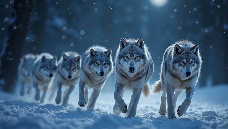 Majestic Silver Wolves Running in Snowy Moonlit Landscape Stock ...